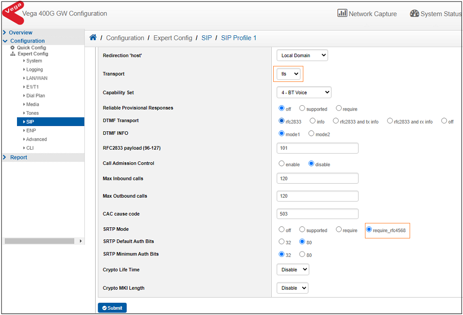 Vega SIP Over TLS Configuration